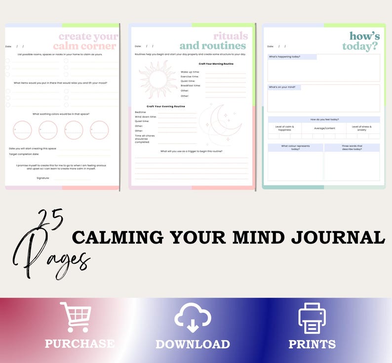 Calming Your Mind Journal, Printable Meditation Planner, Self Care ...