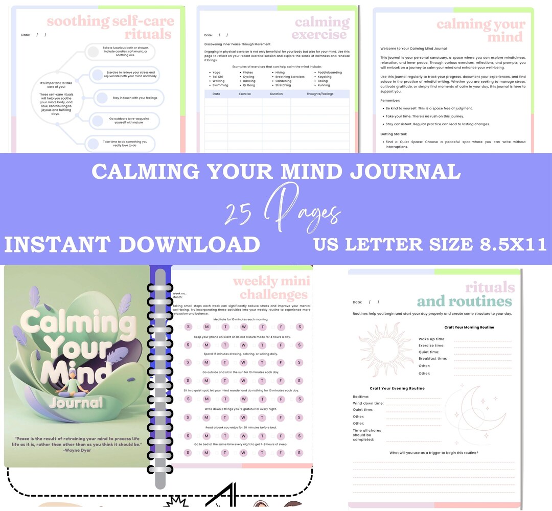 Calming Your Mind Journal, Printable Meditation Planner, Self Care ...