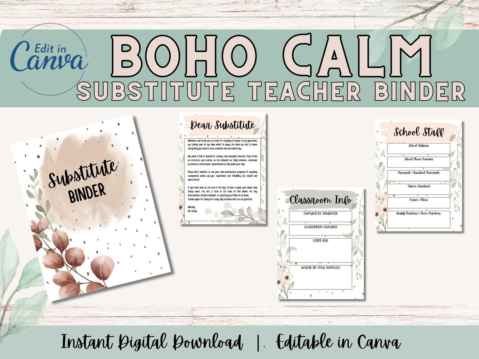 Editable Substitute Binder | Boho Rainbow Sub Folder Forms | Printable ...