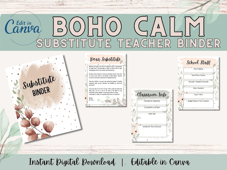 Editable Substitute Binder | Boho Rainbow Sub Folder Forms | Printable ...