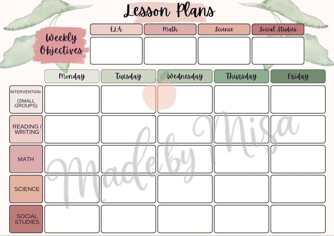 Weekly Lesson Plans | Boho Pinks & Greens | Editable Printable Teacher ...