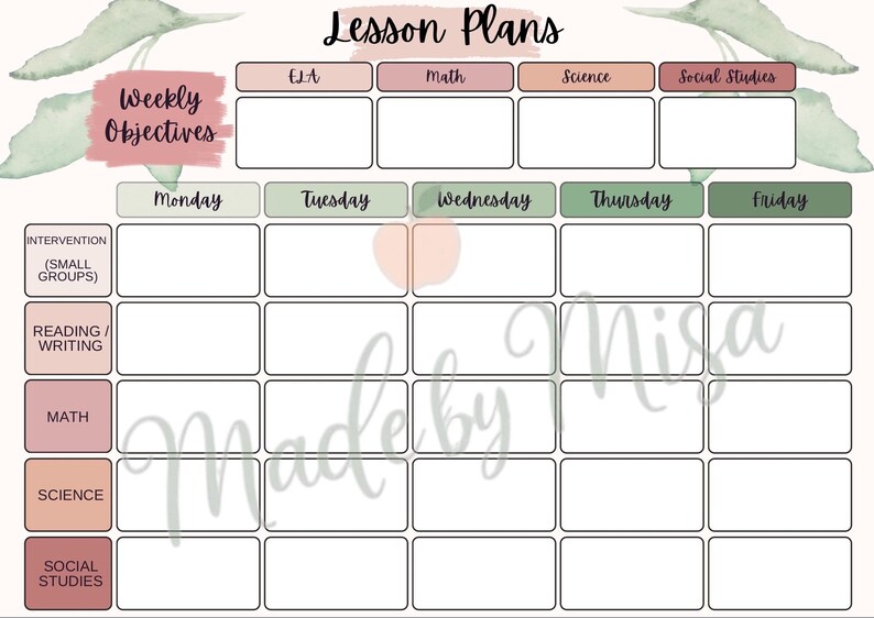 Weekly Lesson Plans | Boho Pinks & Greens | Editable Printable Teacher ...