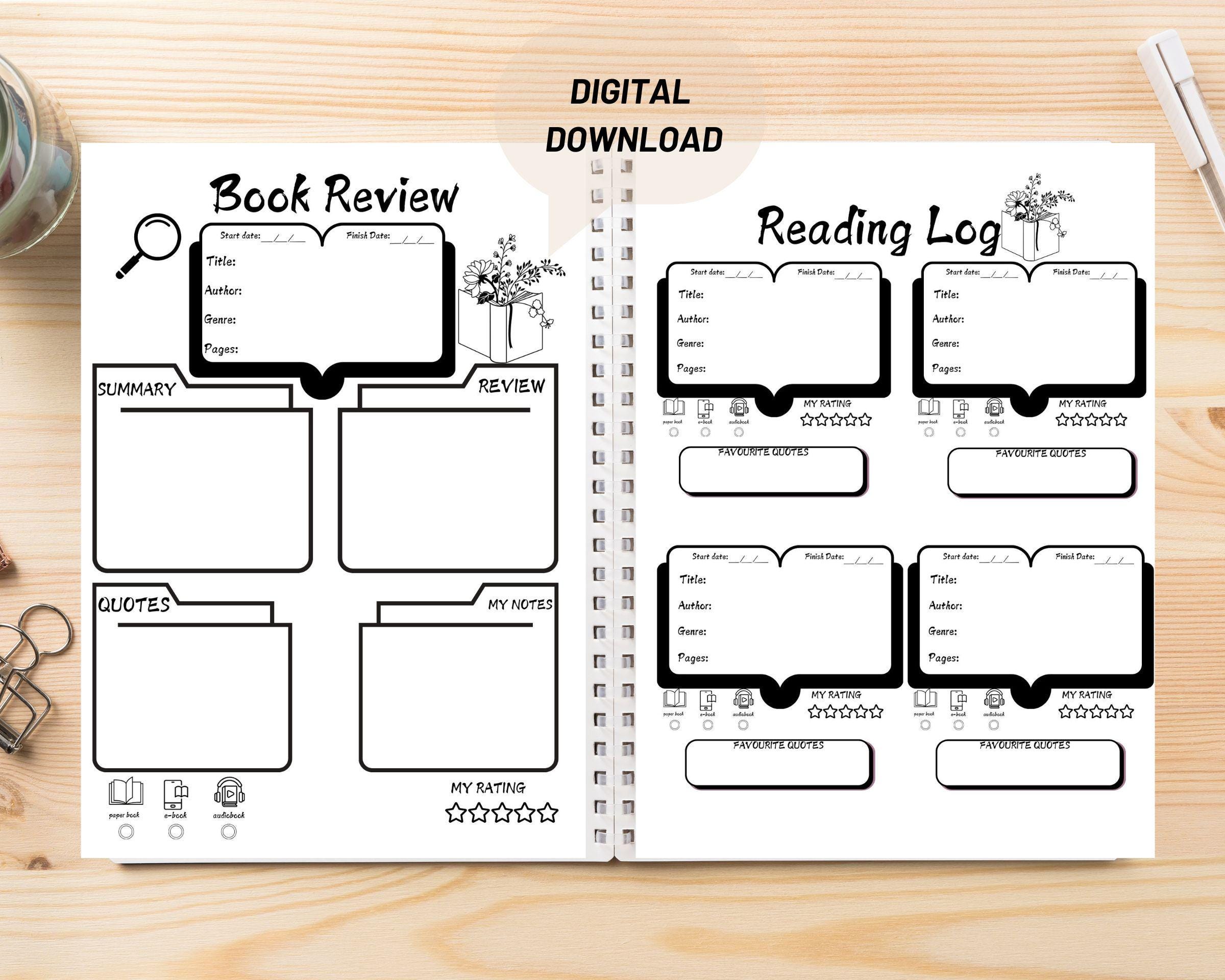 Printable Reading Journal Page With Bookclub Review and Tracker - Etsy