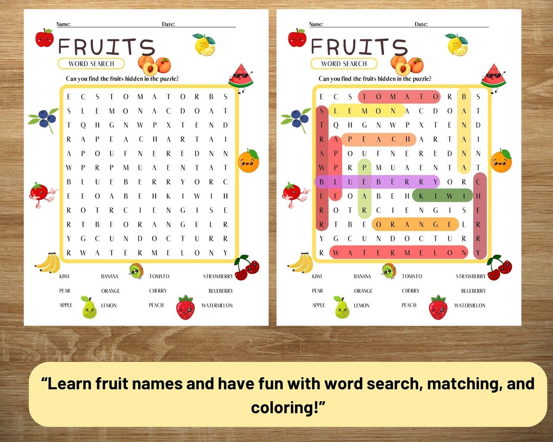 Fruit Word Search, Matching & Coloring Pages | PDF - JPG | Instant ...