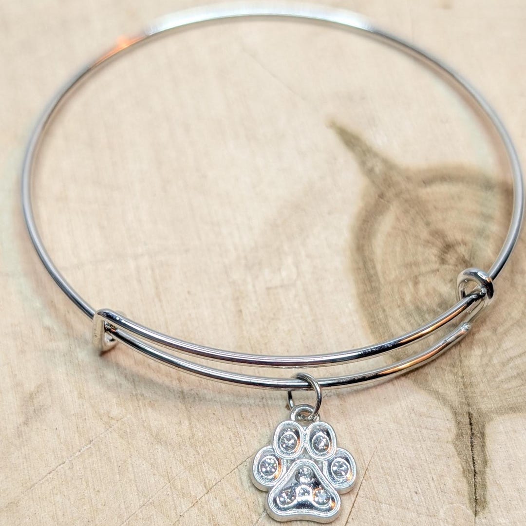 Silver Bangle Bracelet With Paw Print and Rhinestone Charm-minimalist ...