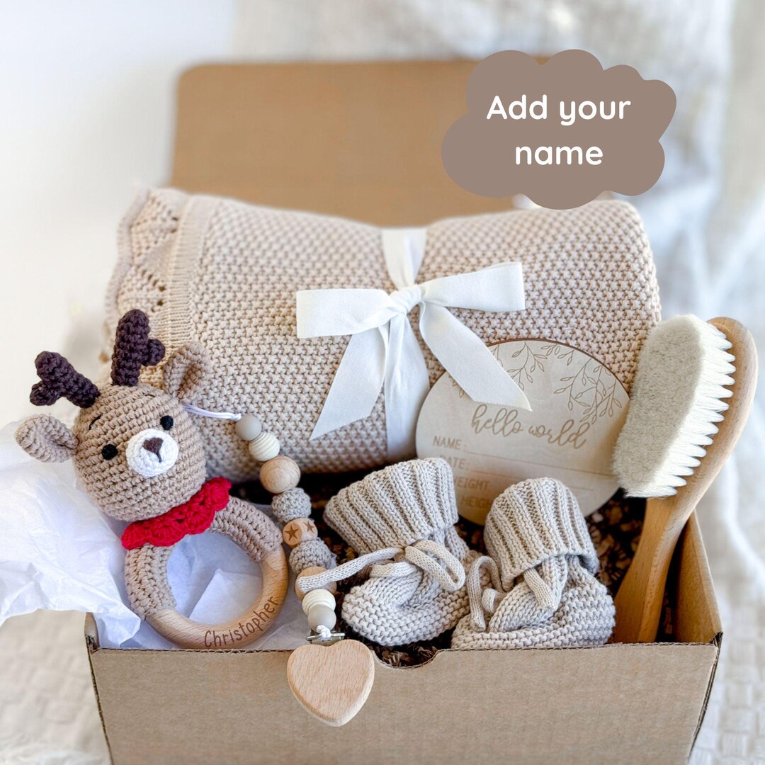 Personalized Baby Gift Box With Beige Knitted Blanket, Gender Neutral ...