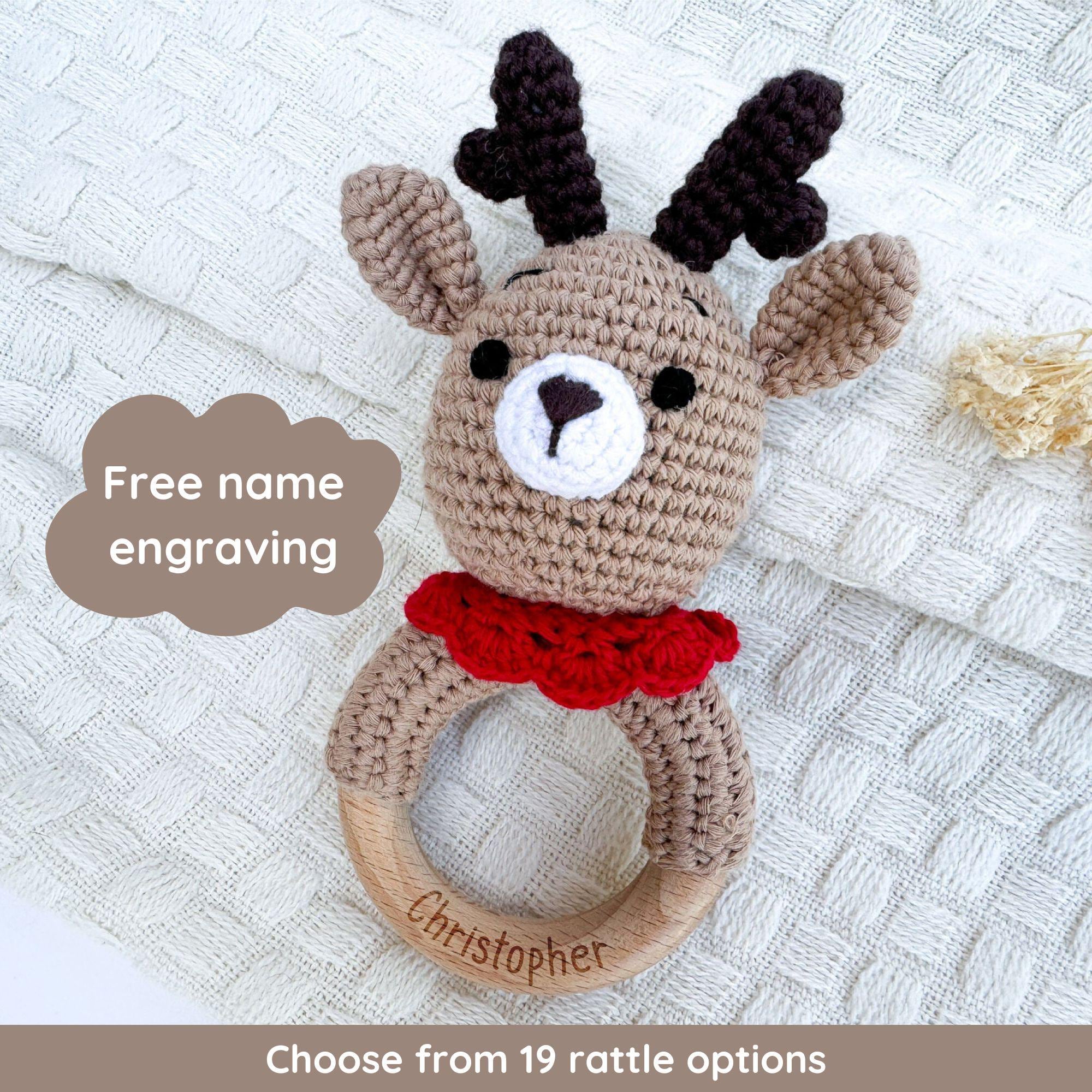 Personalized Christmas Baby Gift, Engraved Animal Crochet Rattle ...