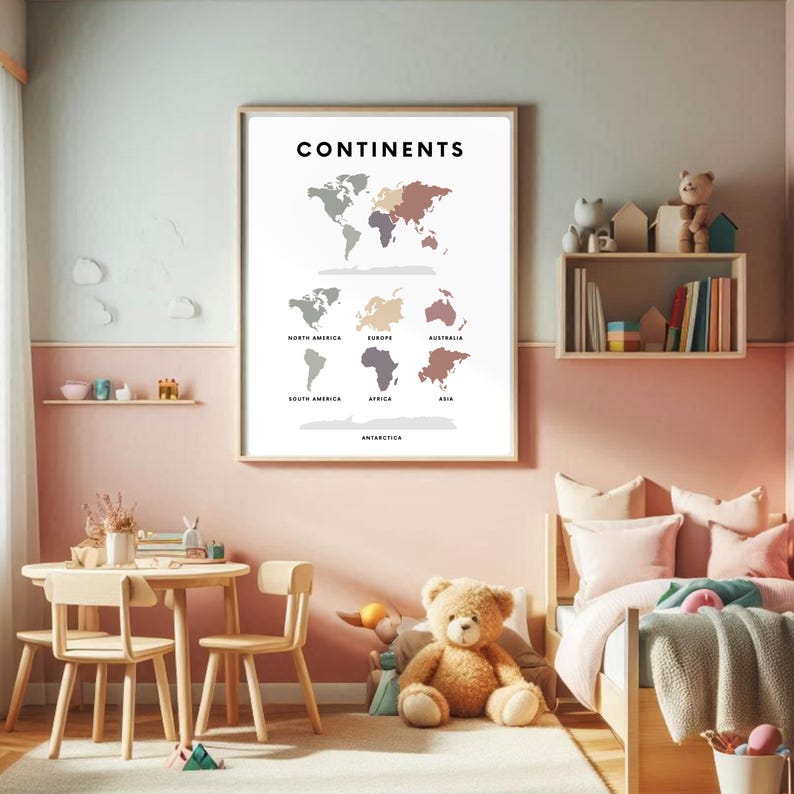 Continents Educational Poster, Montessori Nursery, World Print for Kids ...