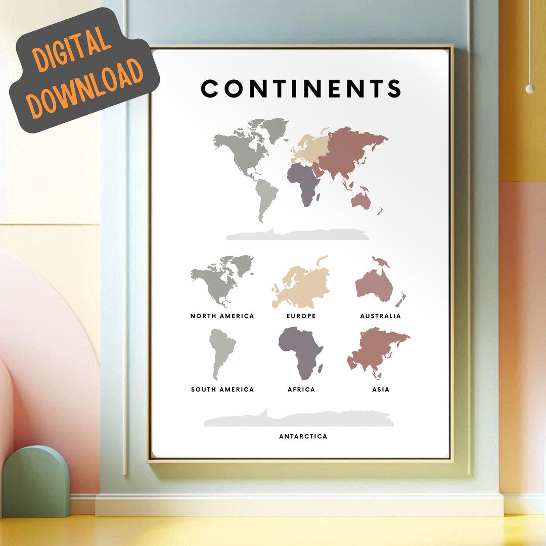 Continents Educational Poster, Montessori Nursery, World Print for Kids ...