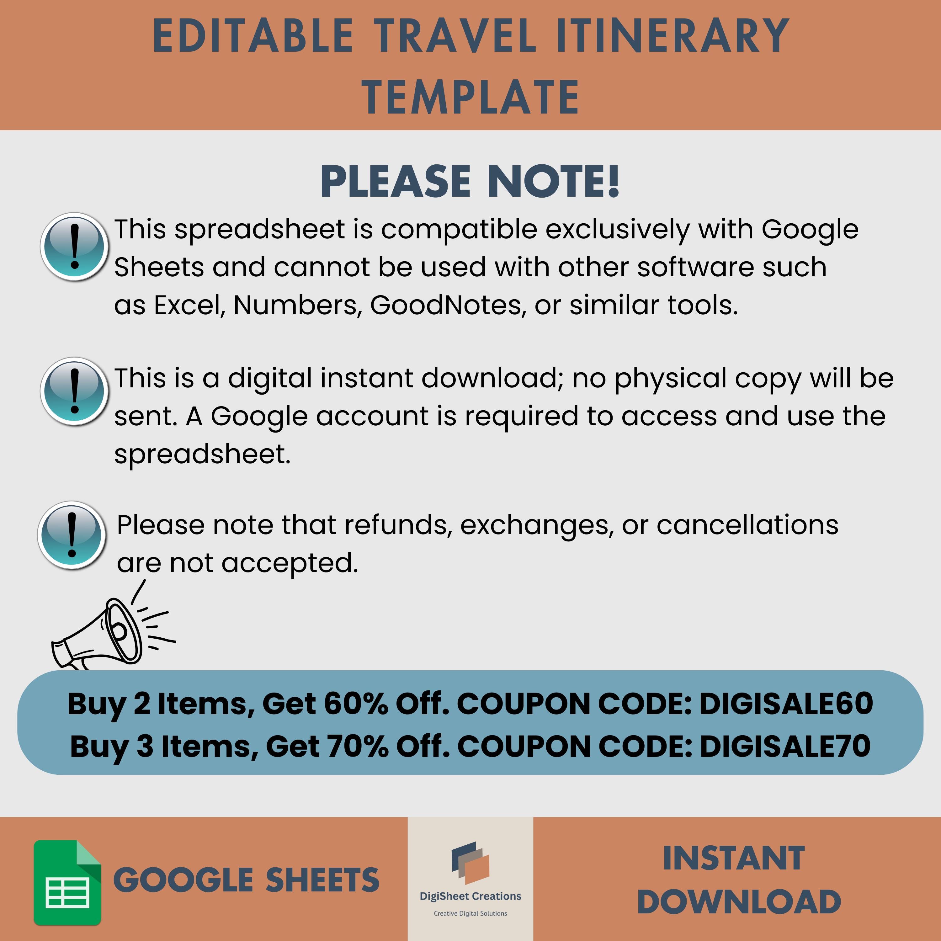 Editable Travel Itinerary Template, Google Sheets Format, Travel ...
