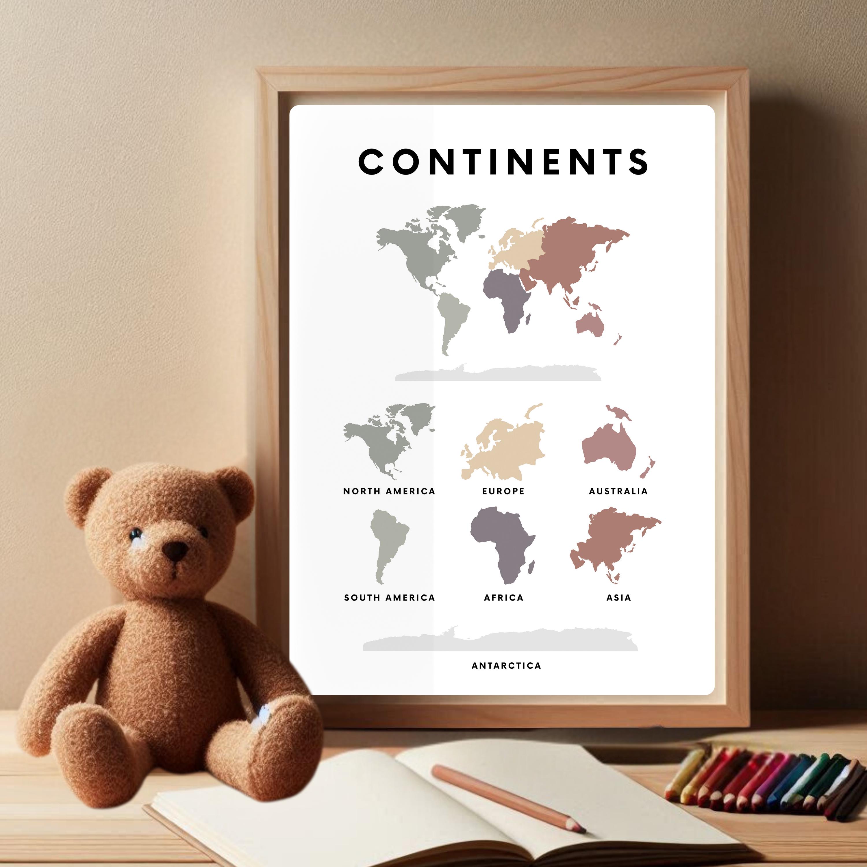 Continents Educational Poster, Montessori Nursery, World Print for Kids ...