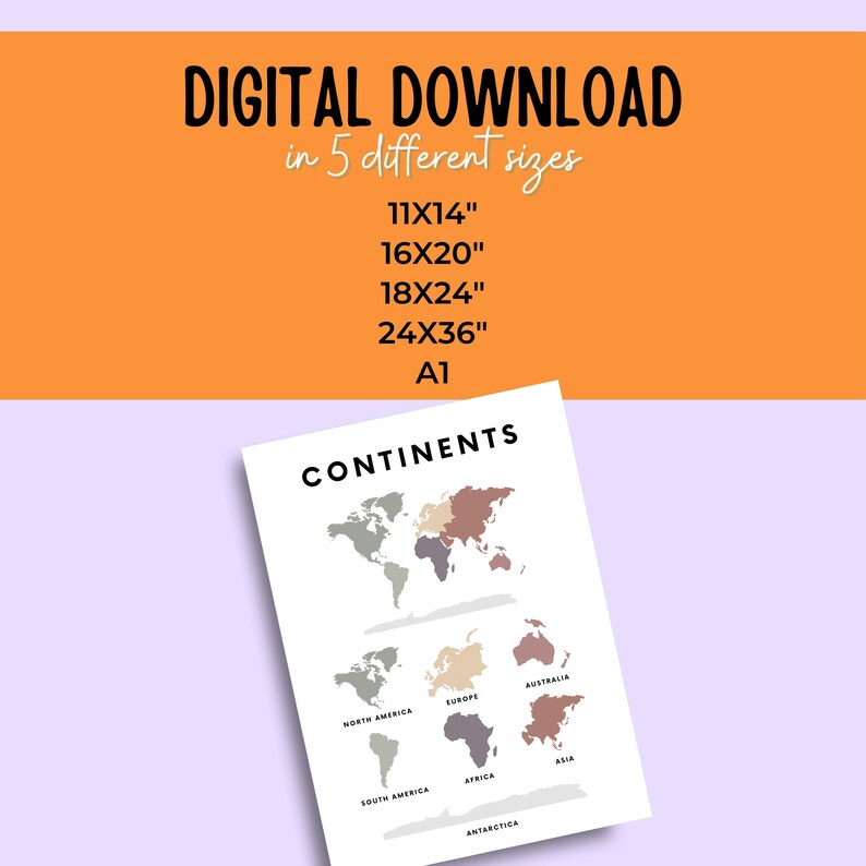 Continents Educational Poster, Montessori Nursery, World Print for Kids ...