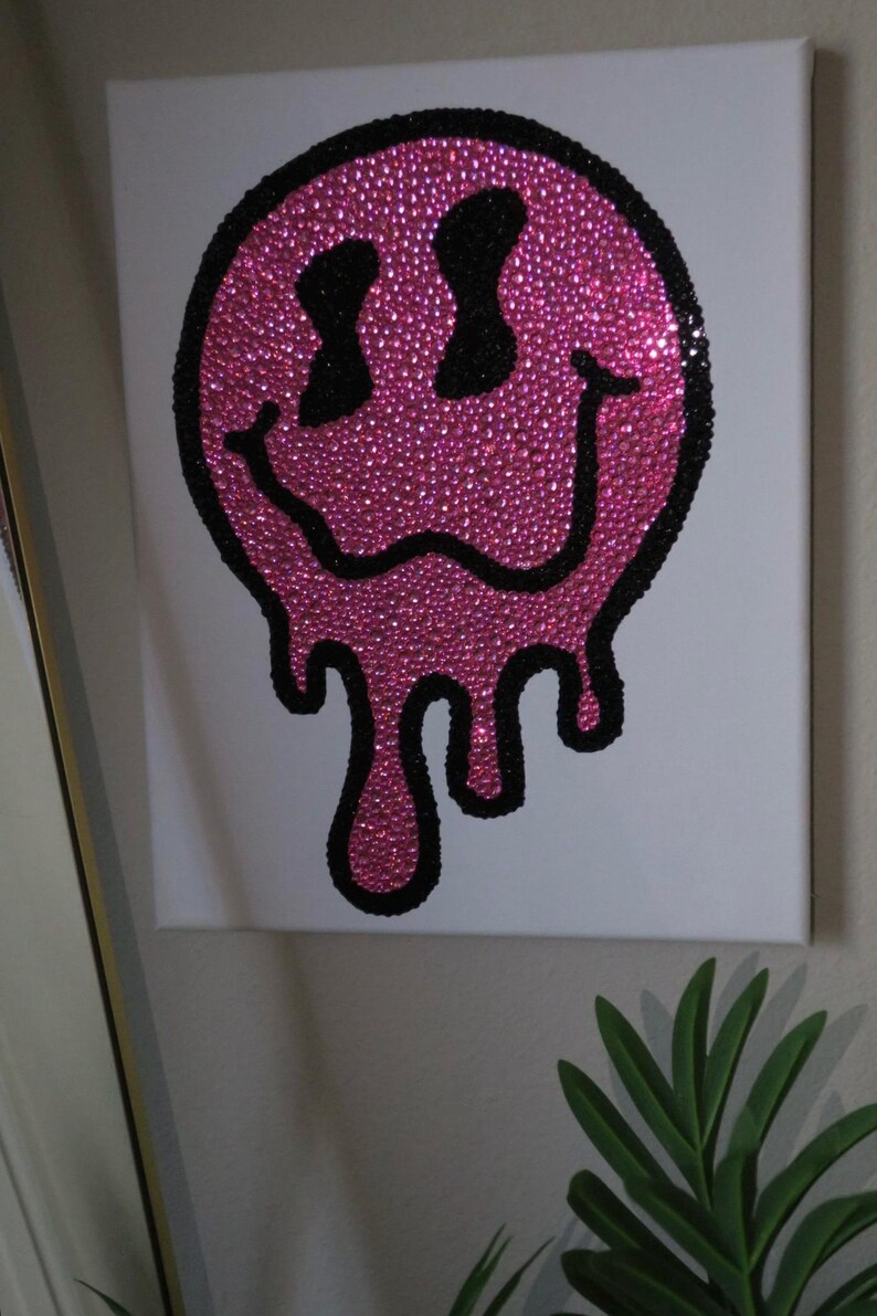 Pink Drip Smiley Face Canvas | Rhinestone Wall Art | Edgy Sparkle Decor ...