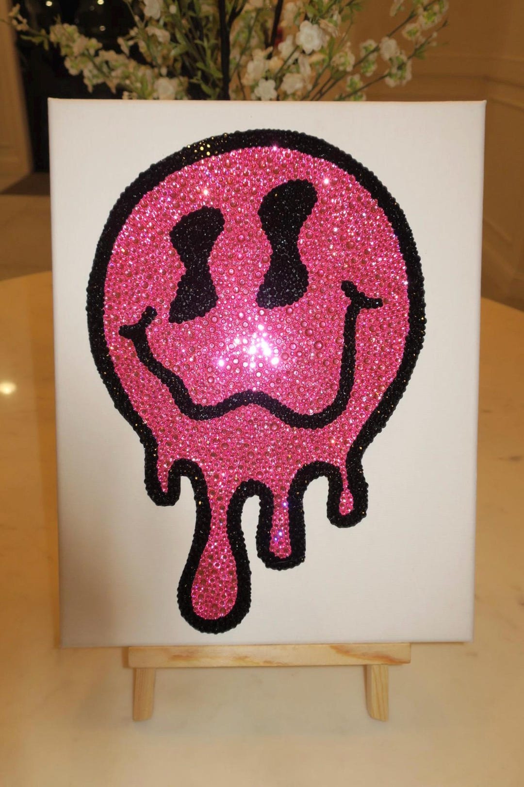 Pink Drip Smiley Face Canvas | Rhinestone Wall Art | Edgy Sparkle Decor ...