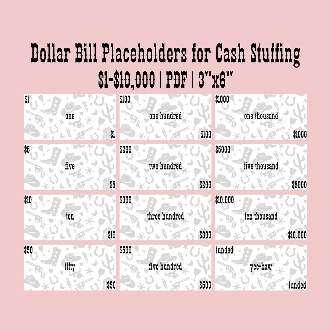 Western Cowgirl Dollar Bill Placeholders for Cash Stuffing | Printable ...