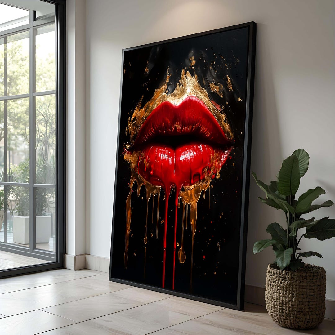 Red and Gold Drip Lips Canvas Art | Luxury Modern Wall Decor - Etsy
