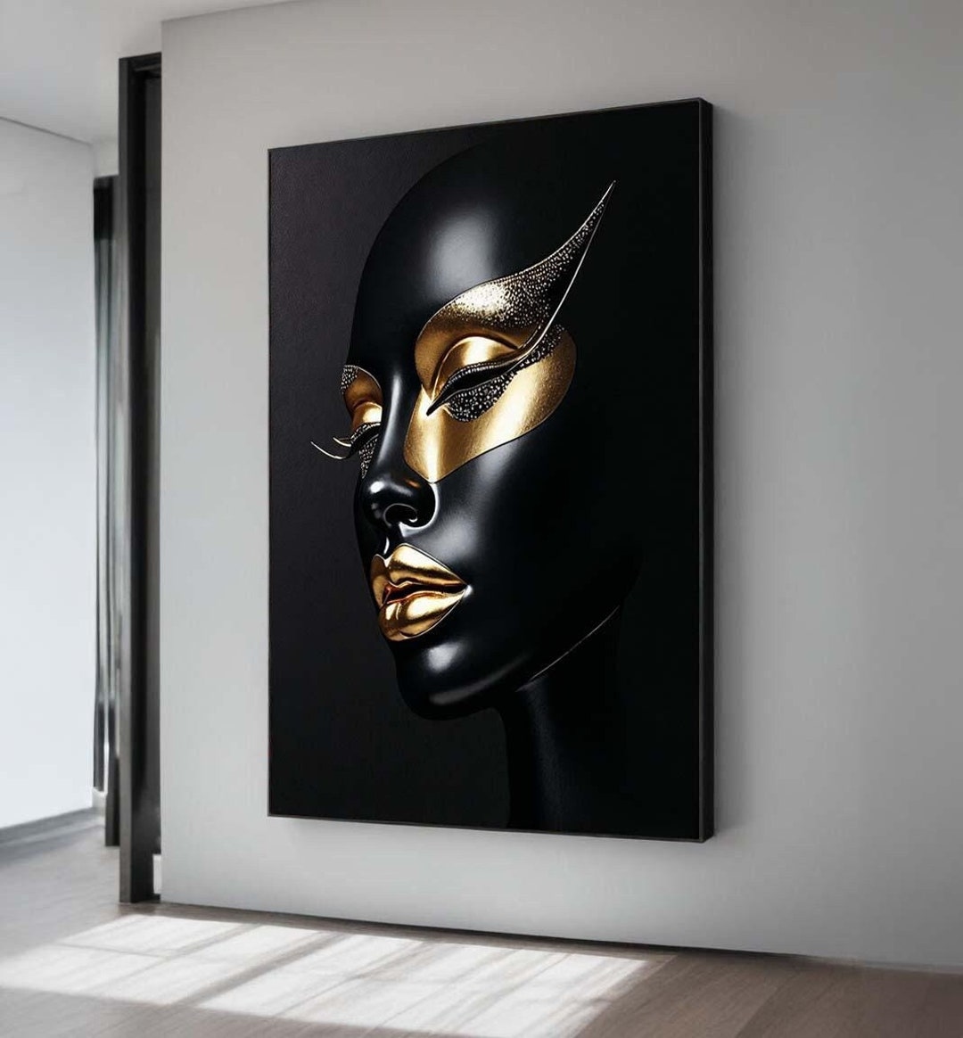 Golden Mask Silhouette Art, Elegant Black and Gold Face, Abstract ...