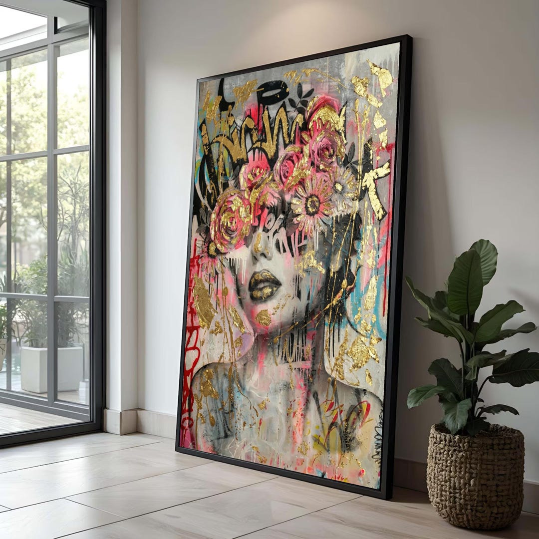Urban Floral Graffiti Portrait Canvas, Mixed Media Street Art Wall ...