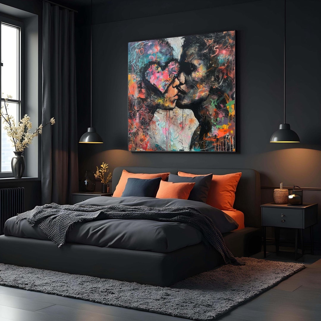 Passionate Lovers Graffiti Canvas Art: Colorful Abstract Kissing Couple ...