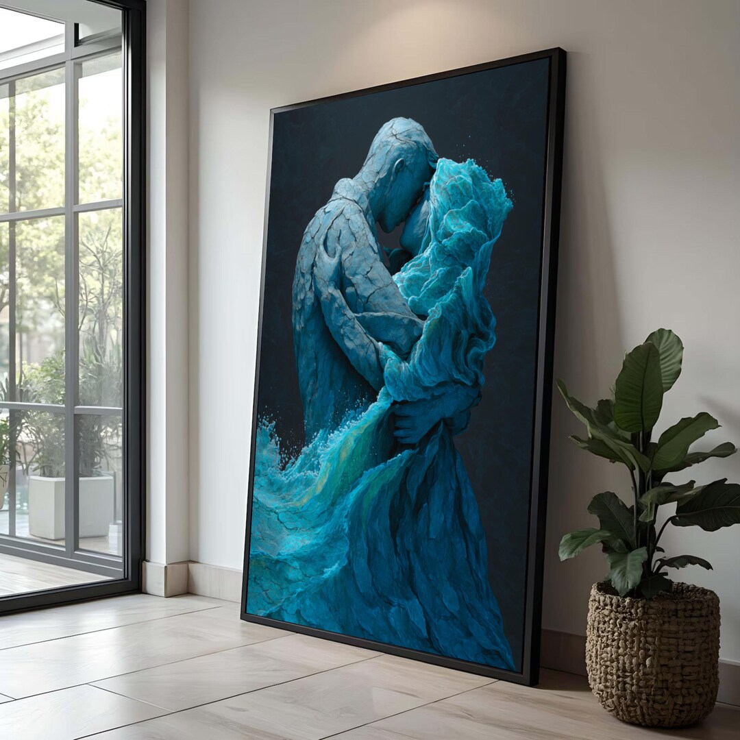 Romantic Embrace Sculpture Canvas, Blue Couple Art, Intimate Love Wall ...