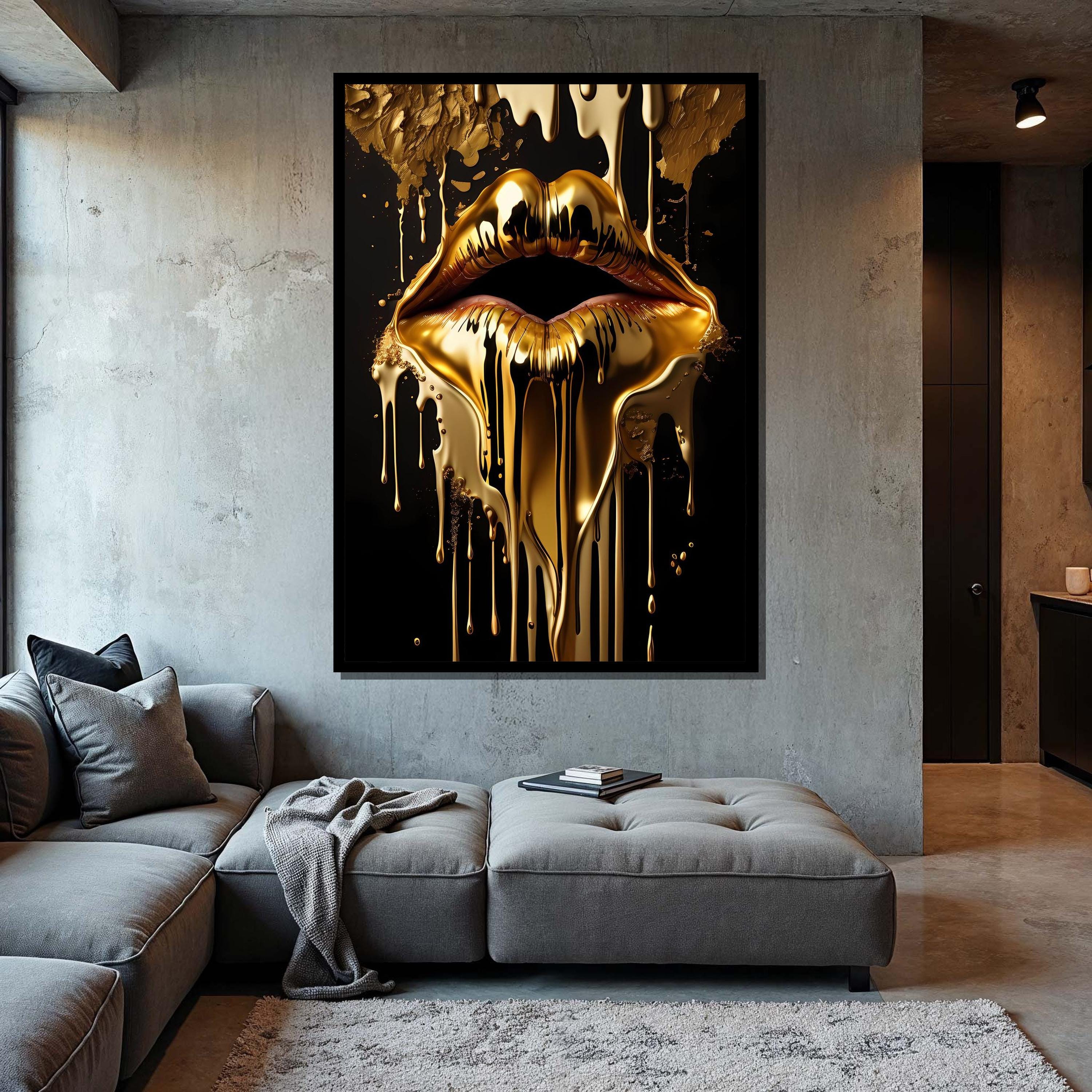 Golden Dripping Lips Canvas Art Glamorous Metallic Wall Decor Luxury ...