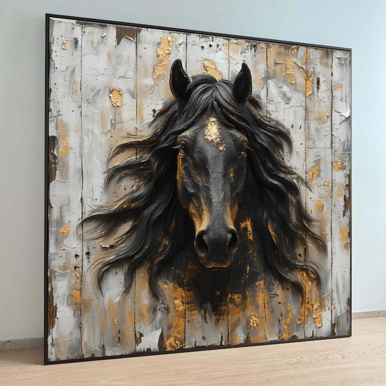 Majestic Black Horse Canvas Print: Rustic Gold Accent, Farmhouse Wall ...