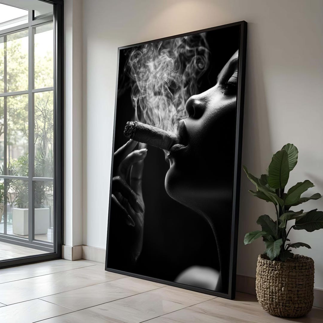 Elegant Woman Smoking Cigar, Black and White Portrait Canvas, Smoke ...