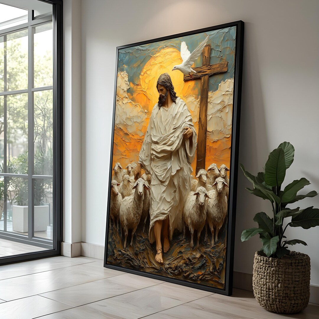Good Shepherd Jesus With Sheep and Dove Canvas Print - 3D Impasto ...