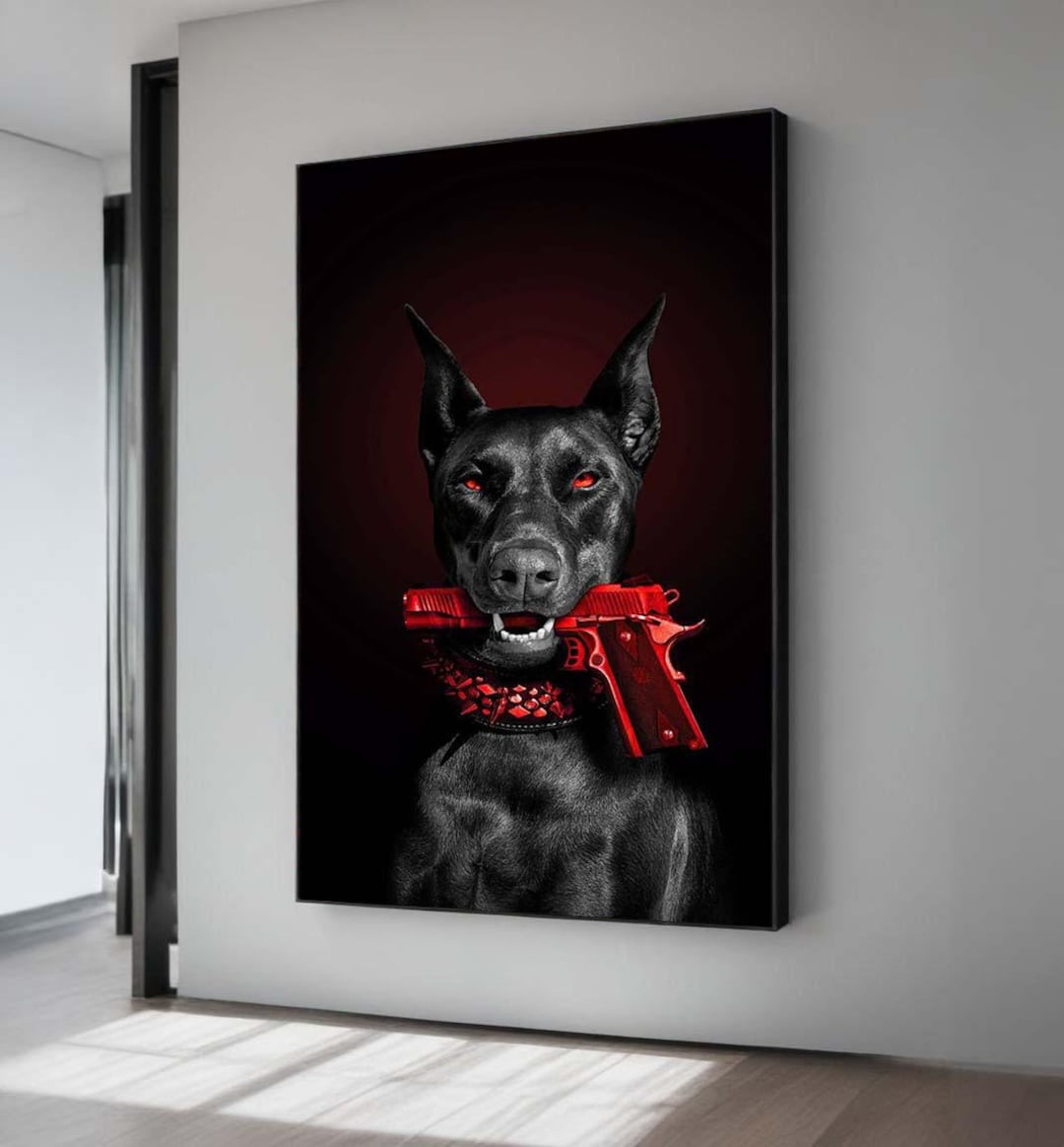 Bold Doberman Art With Red Gun - Dark and Edgy Modern Animal Wall Art ...