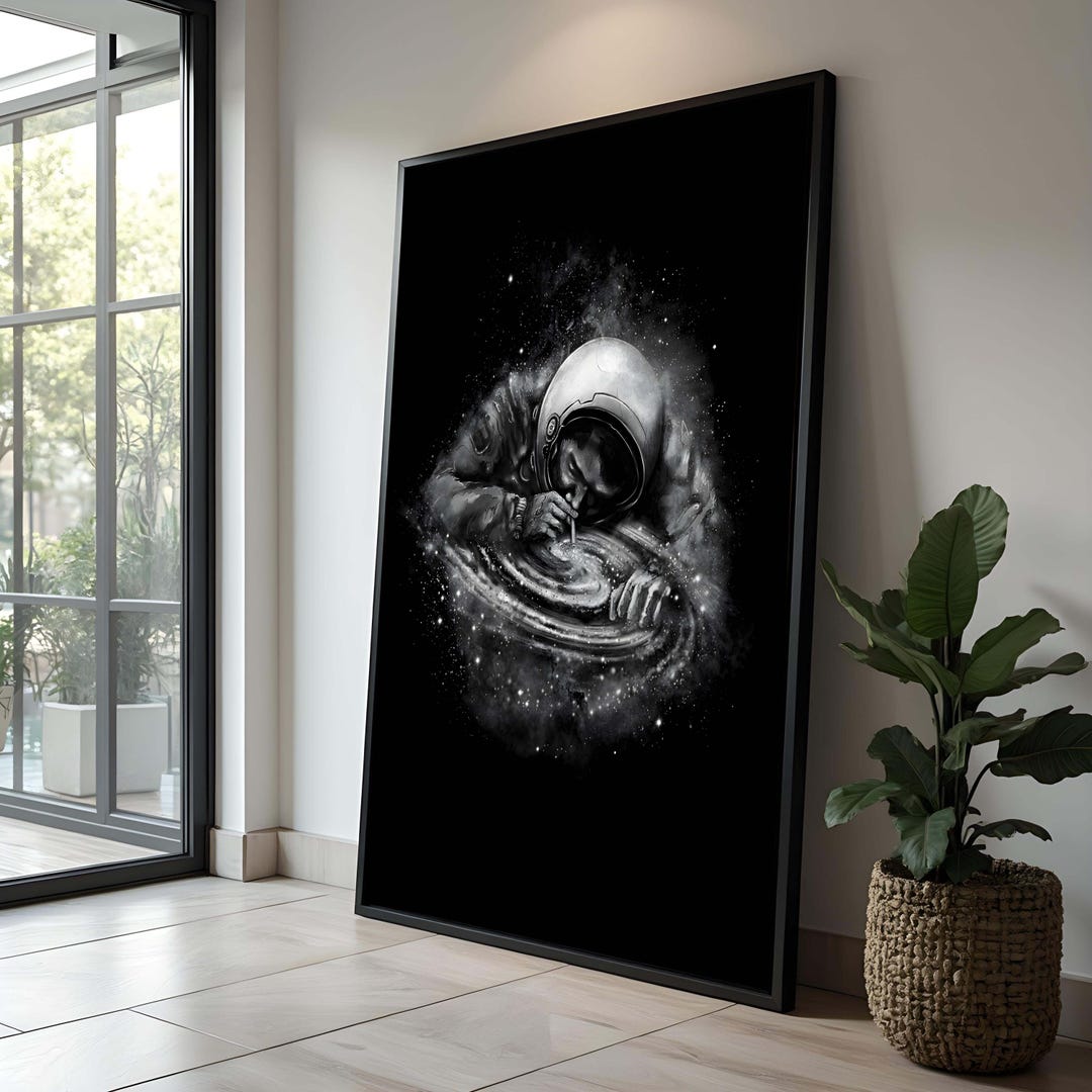 Abstract Astronaut and Galaxy Art – Black and White Space Canvas, Large ...