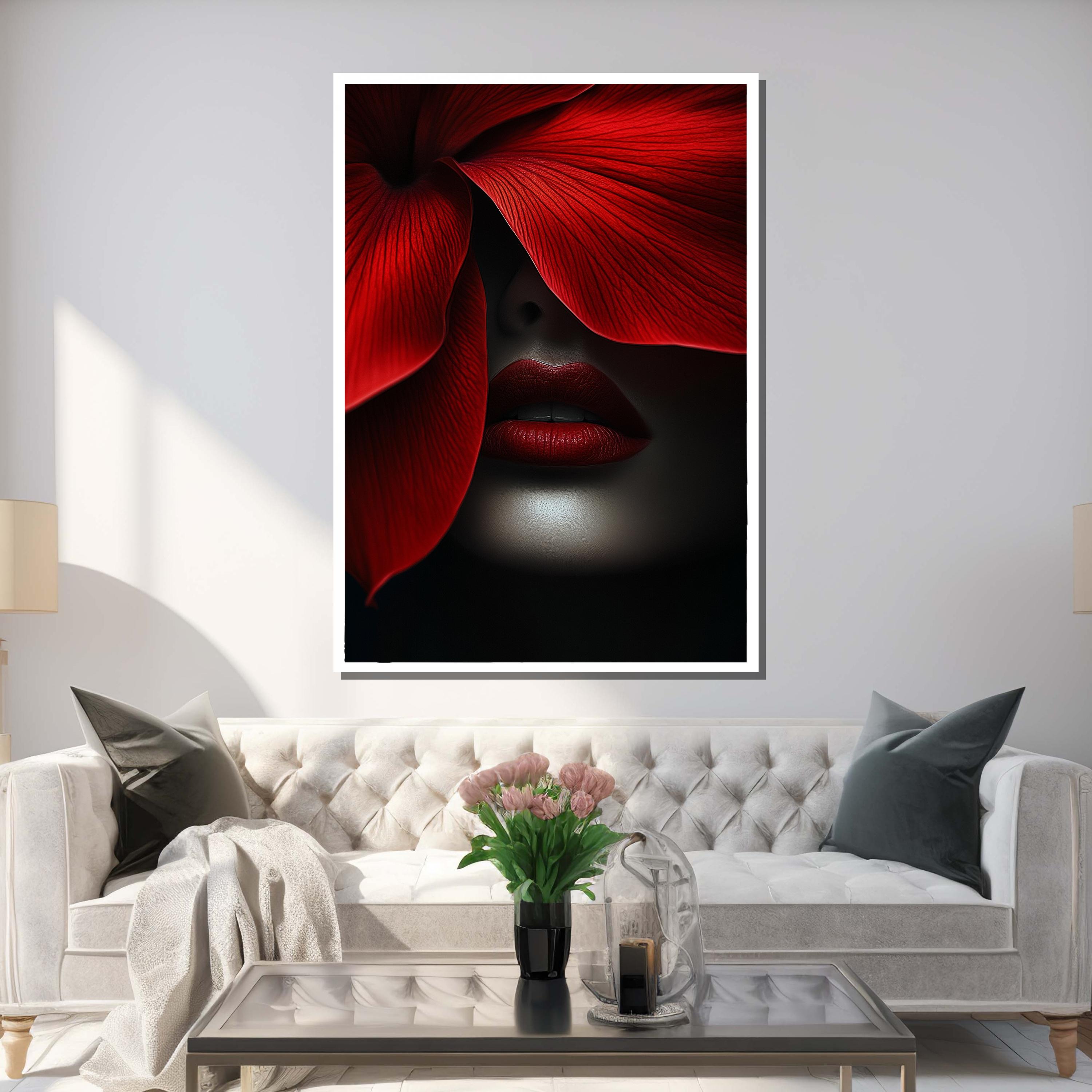 Red Flower Lips Canvas Art: Glamorous Woman Portrait Wall Decor - Etsy