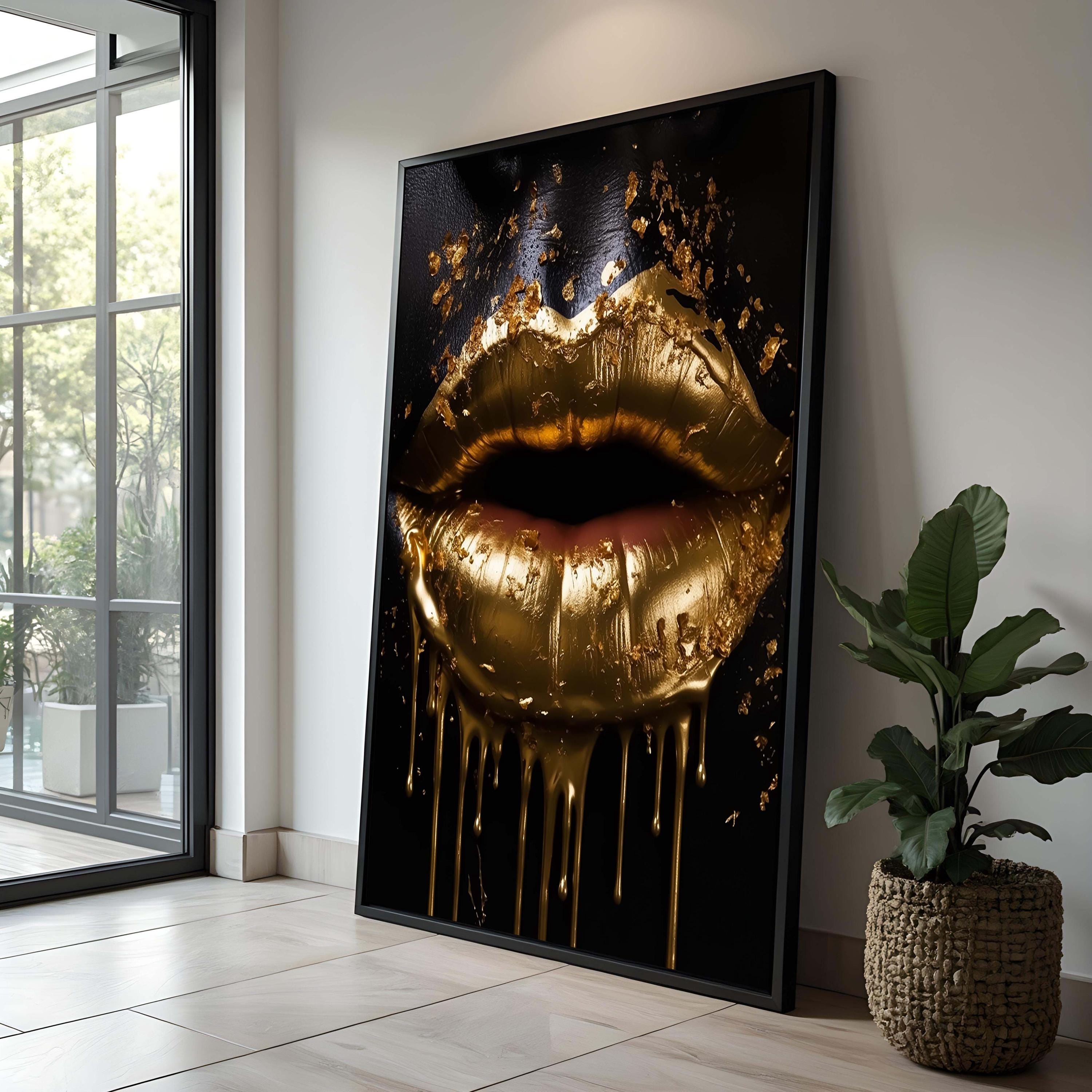 Golden Drip Lips Art | Luxurious Black and Gold Canvas | Glam Metallic ...