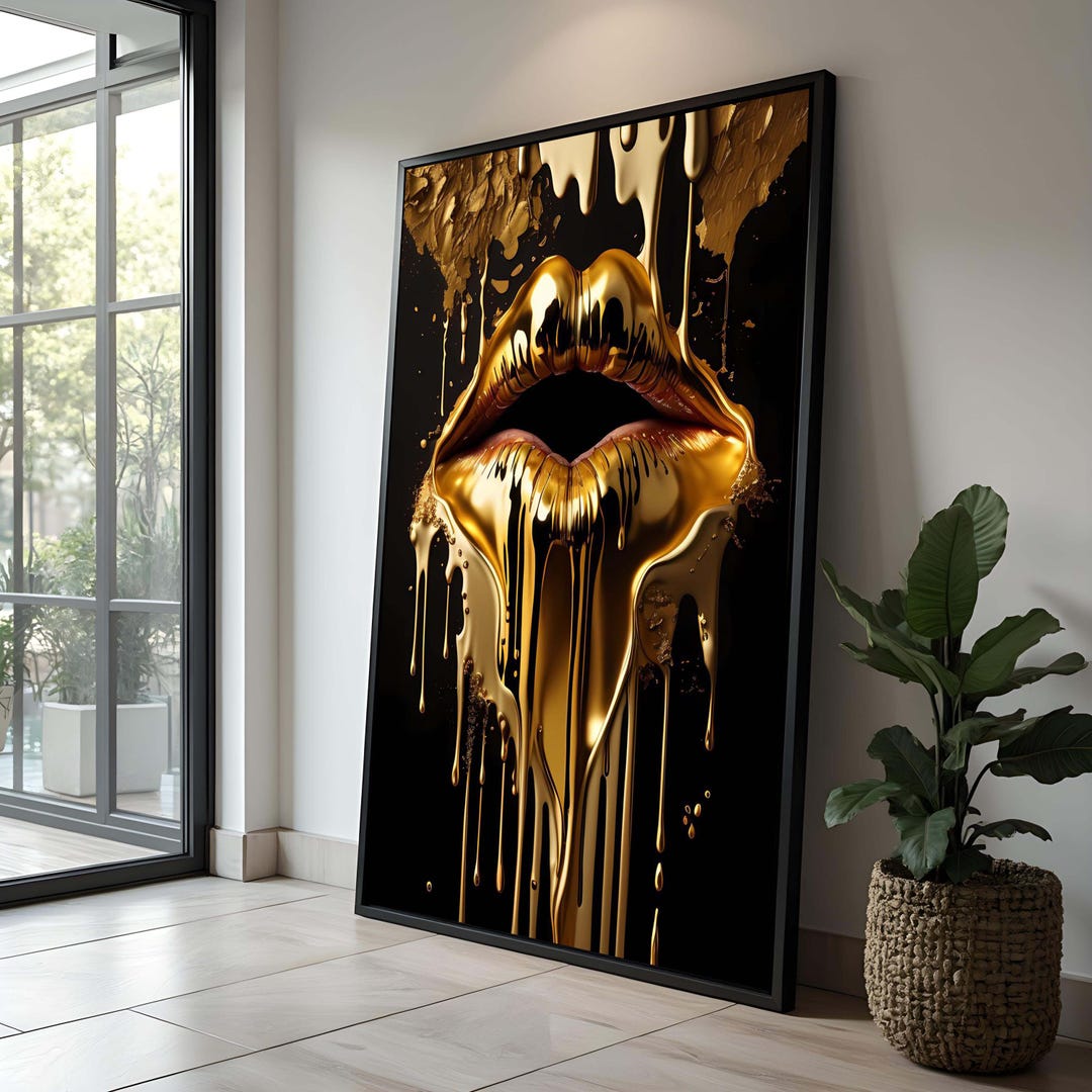 Golden Dripping Lips Canvas Art | Glamorous Metallic Wall Decor ...
