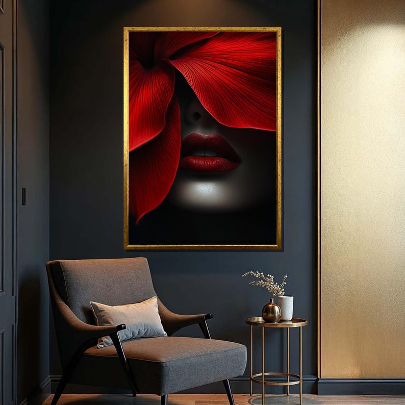 Red Flower Lips Canvas Art: Glamorous Woman Portrait Wall Decor - Etsy