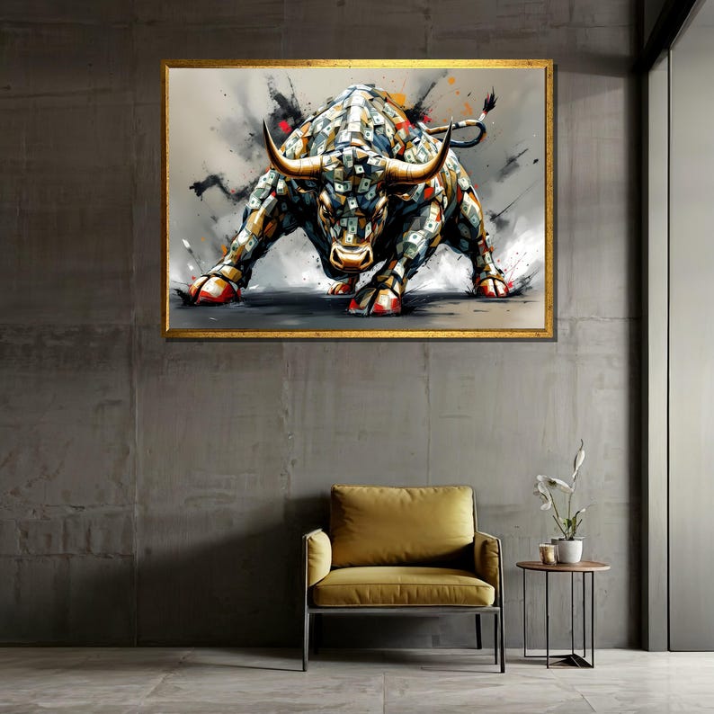 Powerful Bull Money Art - Wall Street Bull Painting - Finance Wall ...