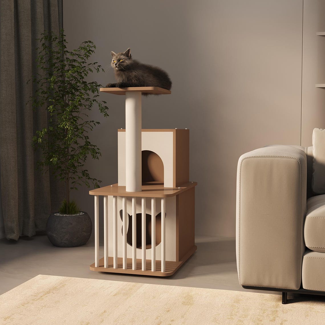 Boho Cat House Design, Cat Condo House, CNC Pet House, Wooden Cat Shelf ...