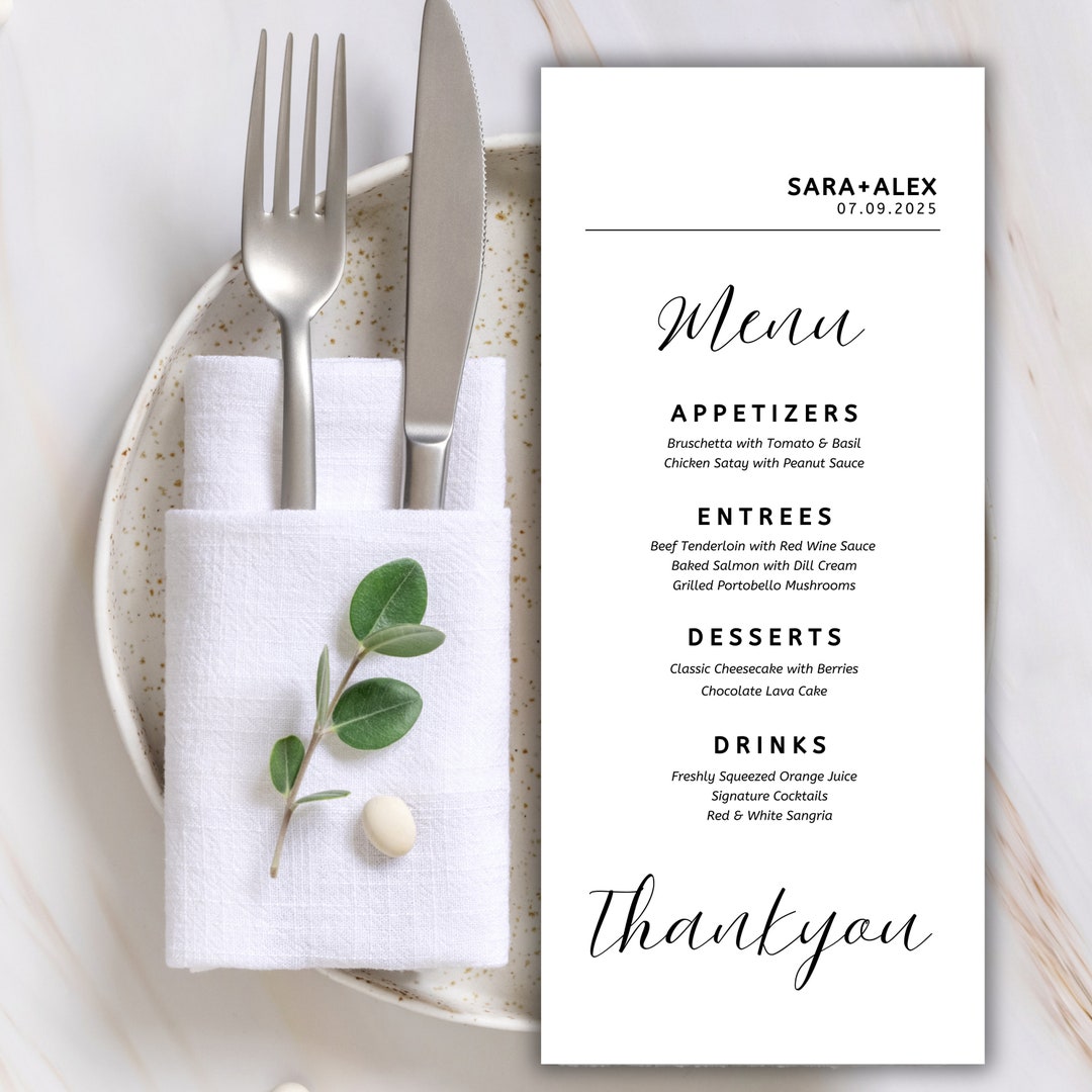Editable Modern Menu Card Handwritten Style. Printable Wedding Menus ...
