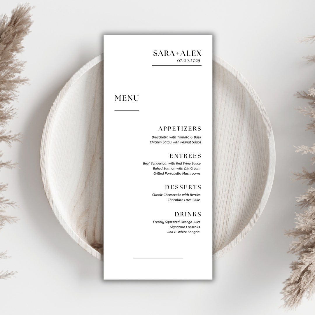 Editable Simple Wedding Menus, Printable Minimalistic Wedding Menu ...