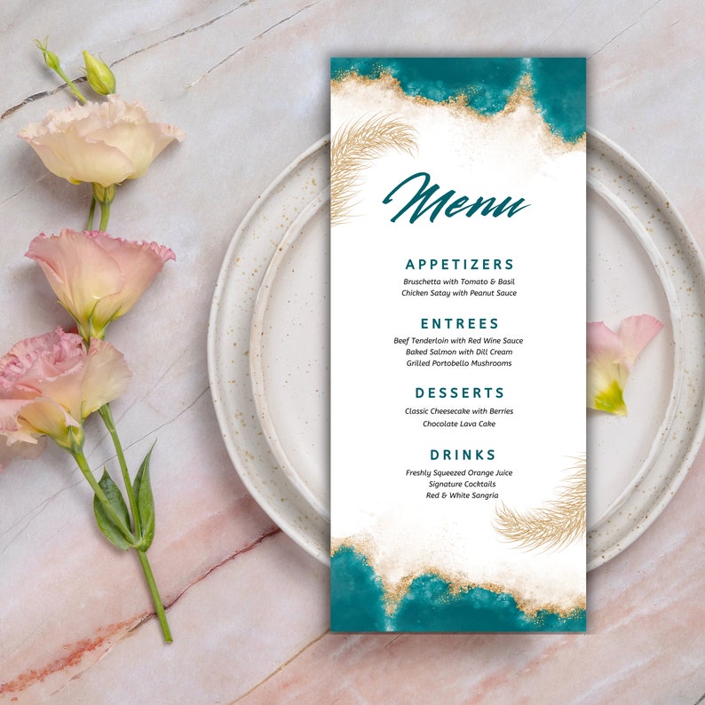 Editable Emerald Green & Gold Menu Card, Elegant Menu Template ...
