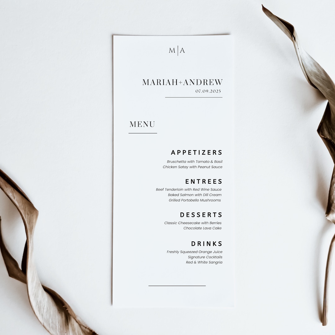 Editable Simple Wedding Menus, Printable Minimalistic Wedding Menu ...