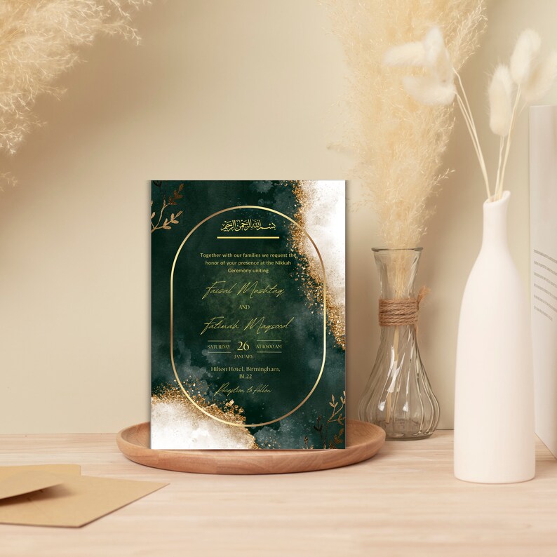 Emerald Green Gold Nikkah Invite, Digital and Printable Invite Editable ...