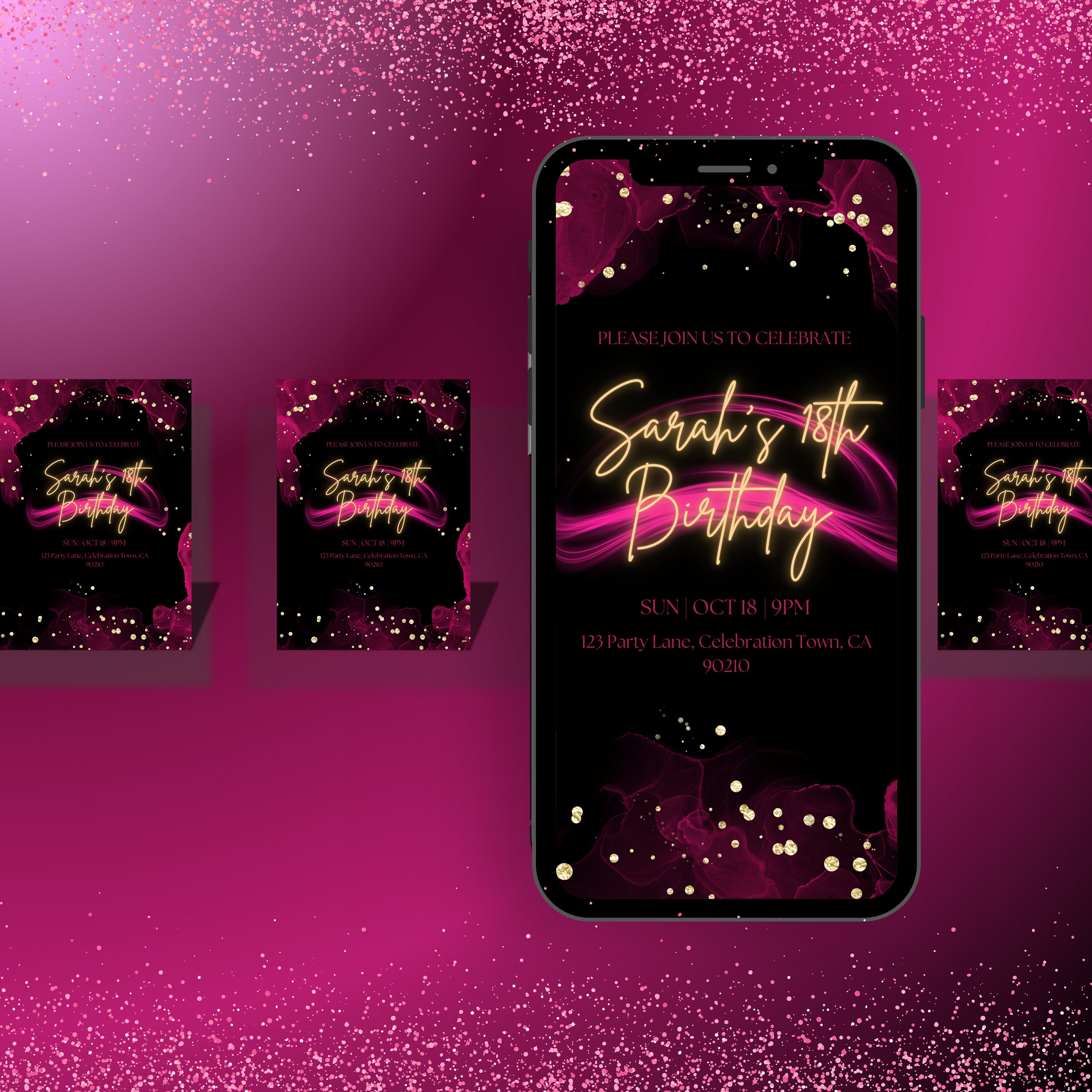 Digital 18th Pink and Black Birthday Invitation, Glam, Glitter ...