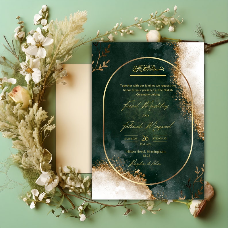 Emerald Green Gold Nikkah Invite, Digital and Printable Invite Editable ...