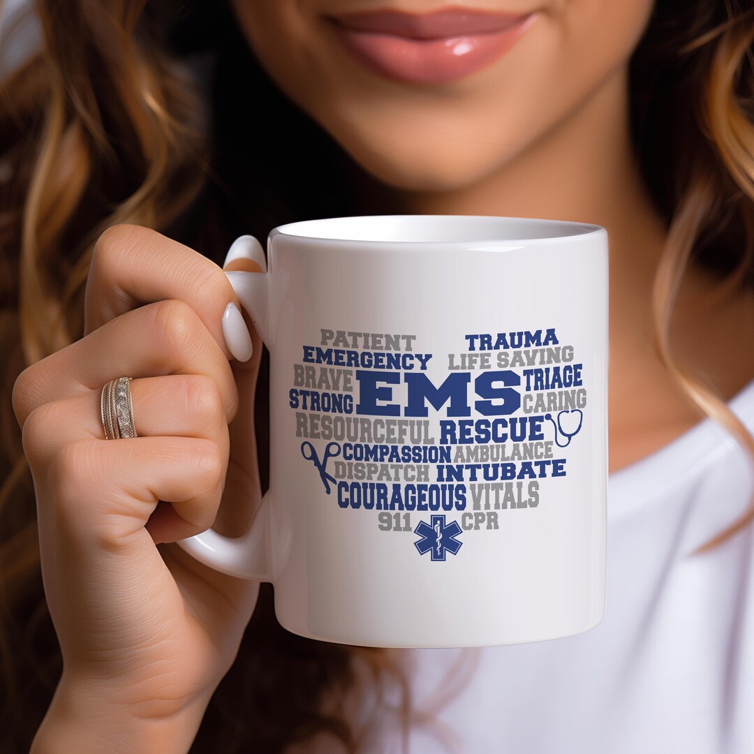 EMS Word Cloud Mug; Emergency Medical Services Coffee Cup; Gift for Paramedics Emts and First ...