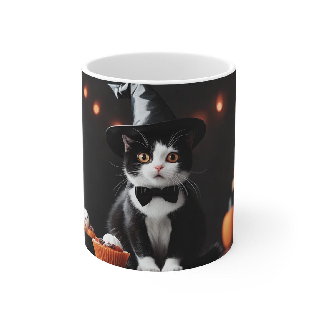 Classy Halloween Cat Mug | Tuxedo Cat in Witch Hat | Adorable Halloween ...