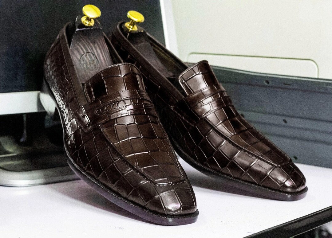 Hand Painted Square Toe Moccasin Loafer, Men's Slip on Alligator Skin ...