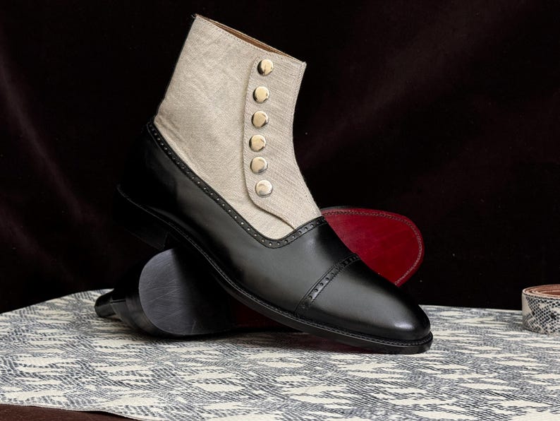Handmade Cap Toe Button Top Tweed and Black Beige Cowhide Leather Boot ...