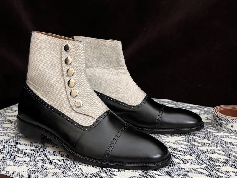 Handmade Cap Toe Button Top Tweed and Black Beige Cowhide Leather Boot ...