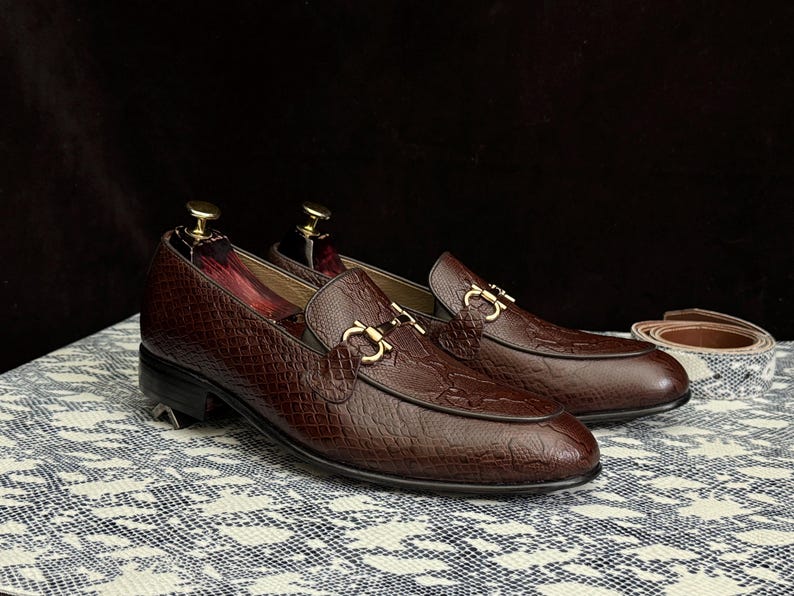 Handmade Brown Python Textured Cowhide Leather Loafers for Men ...
