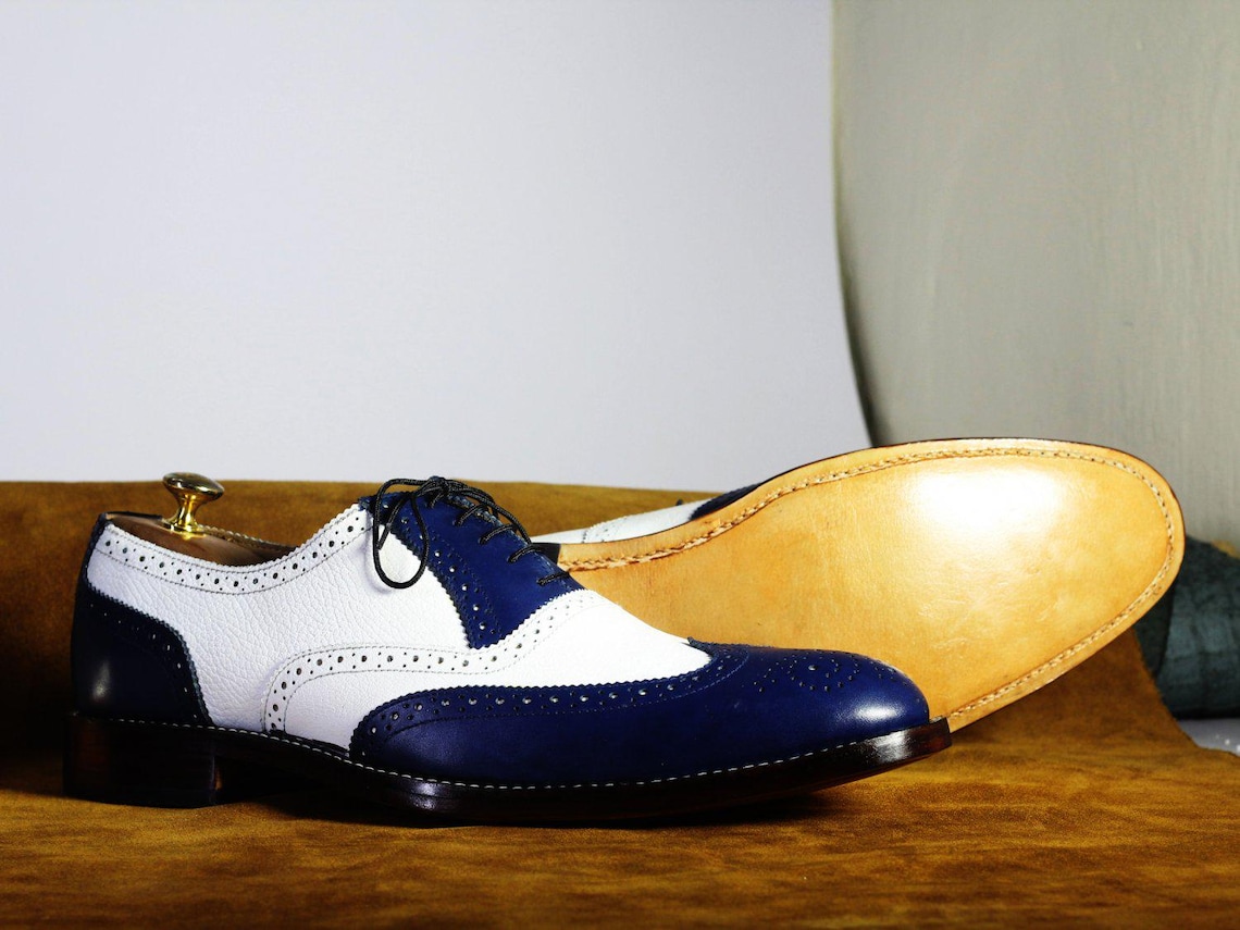 Handmade Men's White & Blue Wingtip Brogue Shoes– Premium Cowhide ...